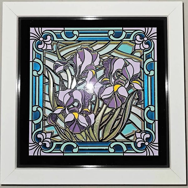 Blue Iris Stained Glass Shadow Box Svg, Blue Iris Stained Glass 3D Box ...
