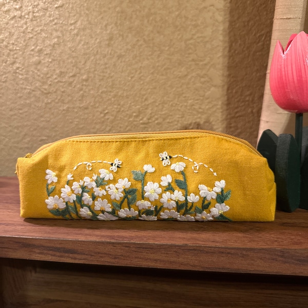 Hand Embroidered Pencil Case With Flower Embroidery, Pen Case, Floral ...