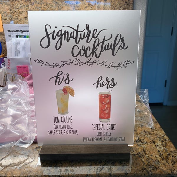 Bar Menu Signature Cocktails Custom Clear Glass Look Acrylic Wedding ...