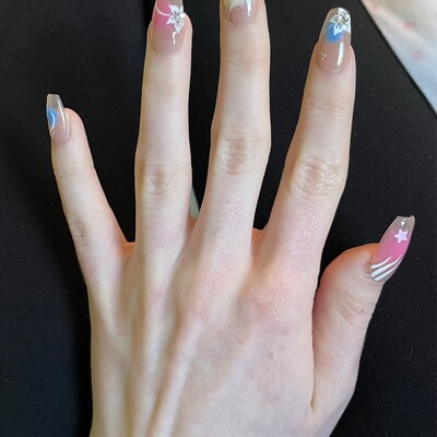 Stunning Acubi-style Nails Deep Blue Ombre Press on Nails Sparkling ...