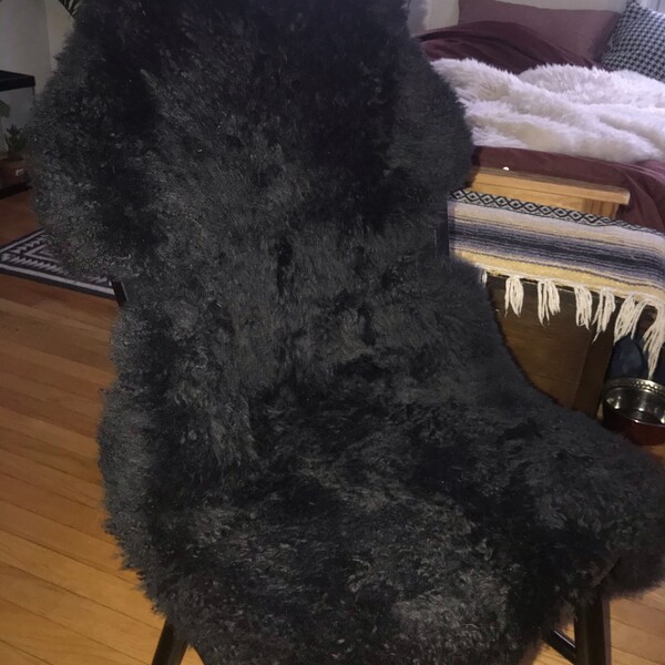 Genuine Real Sheepskin Rug Black Sheepskin Rug Single Pelt Wool Fur ...