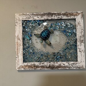 Blue Sea Turtle & Crushed Glass Wave , 8 X 10 Distressed White or White ...