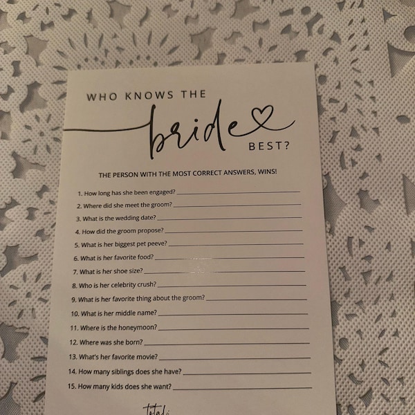 Trivia Game for Bride and Groom, Minimalist Bridal Shower Game, Who ...