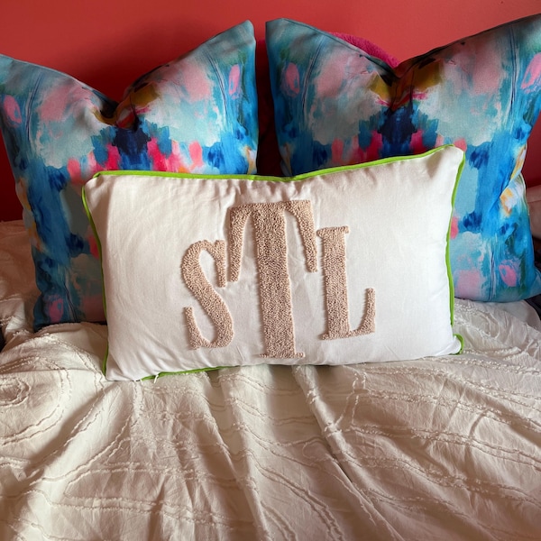 Monogram Embroidered Pillow, Initial Punch Needle Pillow, Custom Lumbar ...