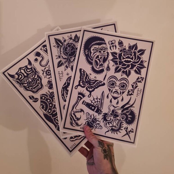 A4 Traditional Black Work Tattoo Art Print - Etsy UK