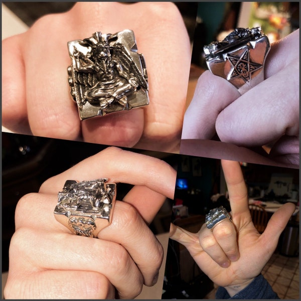 Baphomet Pentagram Caduceus Ring for Unisex Made of Sterling Silver 925 ...
