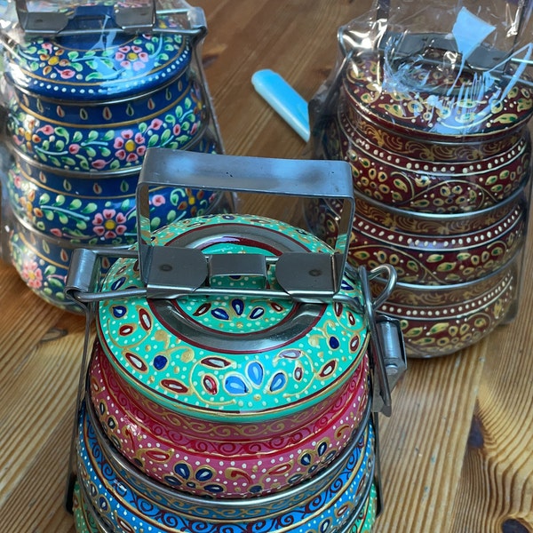 Tiffin Box With Three Tiers / Steel and Enamel Food Container Stackable ...
