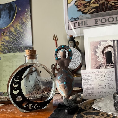 Moon Phase & Floral Glass Bottle With Cork Full Moon Dark Moon Moon ...