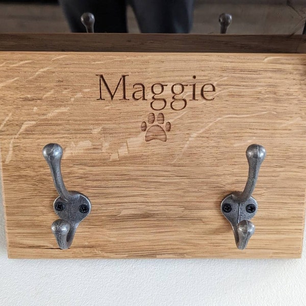 Personalised Oak Double Hook Dog Lead Hanger | Handmade Dog Lead Hook ...