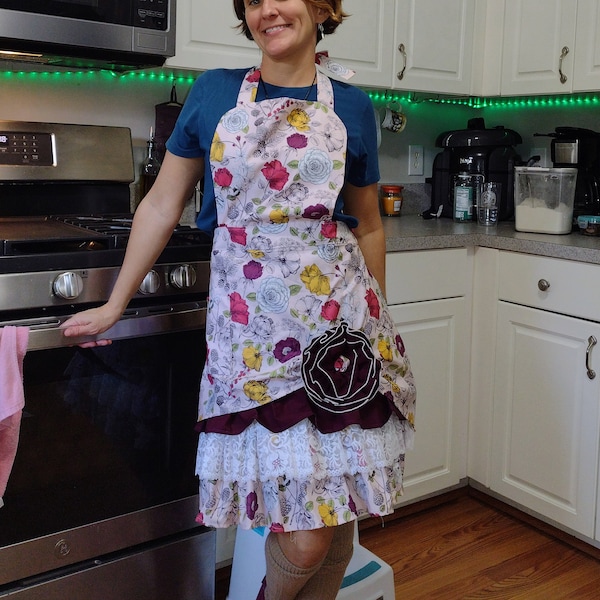 Womens Cute Retro Apron in Pink Floral Print Apron With Pocket Cute ...
