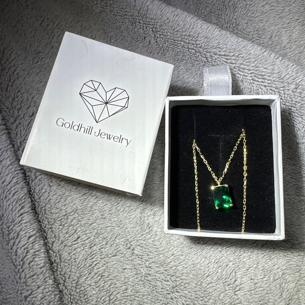 14k Solid Gold Rectangle Emerald Necklace, Minimalist Necklace, Emerald ...