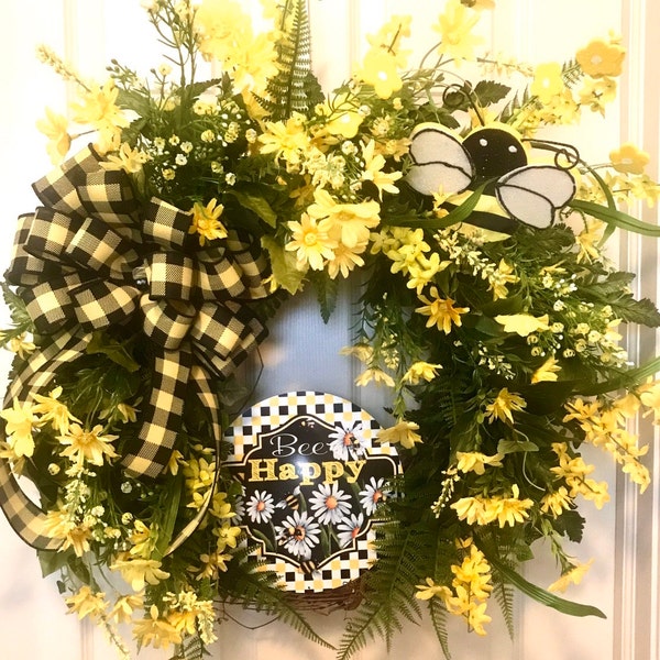 8" Round Bee Happy Wreath Sign, Summer Wreath Sign, Personalize It by ...