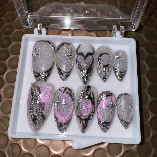 3D Flower Freestyle Medium Almond Press on Nails, Ombre Nail | Red ...