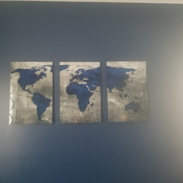 Metal Print - Sapphire Blue World Map - 3 Panel Split, Triptych - Metal ...
