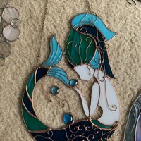 Mermaid Shark Suncatcher Stained Glass Nixie Decor Blue Water Nymph ...