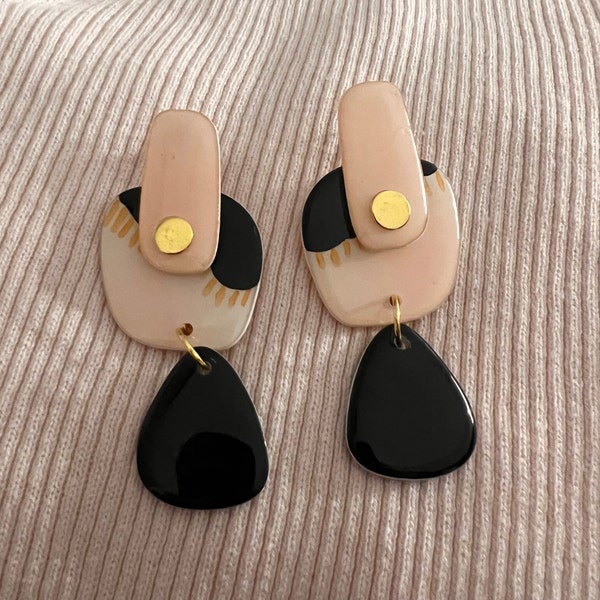 OVERSIZED Abstract Earrings, Long Hand Painted Geometric Drop Earrings ...