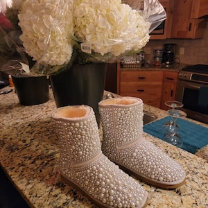 SHINY WINTER Bling and Sparkly Creamy White Pearls Sheepskin Wool BOOTS ...