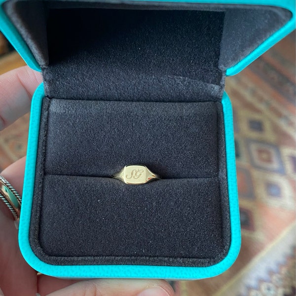 Solid Gold Square Signet Ring, 14k Gold Engraved Pinky Ring for Men Women, Personalized Initial ...