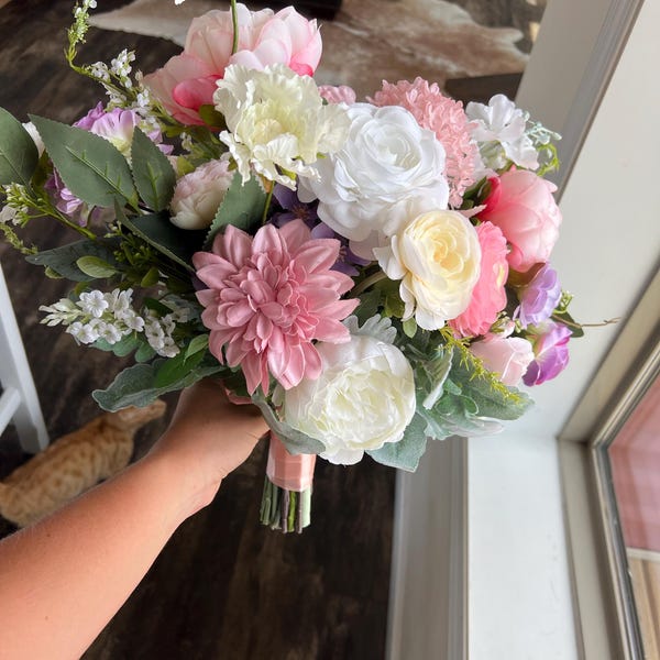 Pink & Blue Bridal Bouquet, Boho Wedding Bouquet, Wedding Flower ...