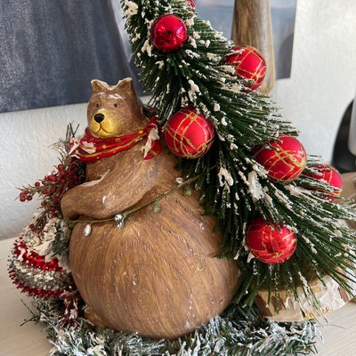 Vintage Relpo Christmas Santa Sleigh Planter, Tree Filled With Vintage ...