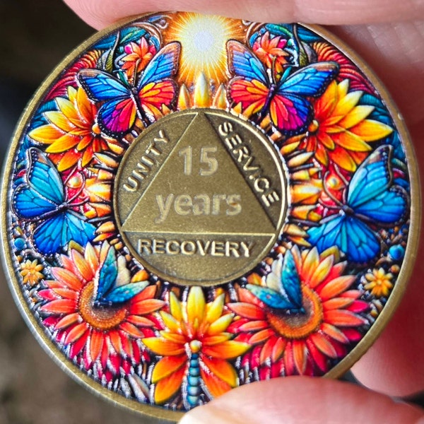Custom Year Sobriety Coin - Butterfly Sober Coin 1-40 Years AA NA Chip - Sober Recovery Gifts ...