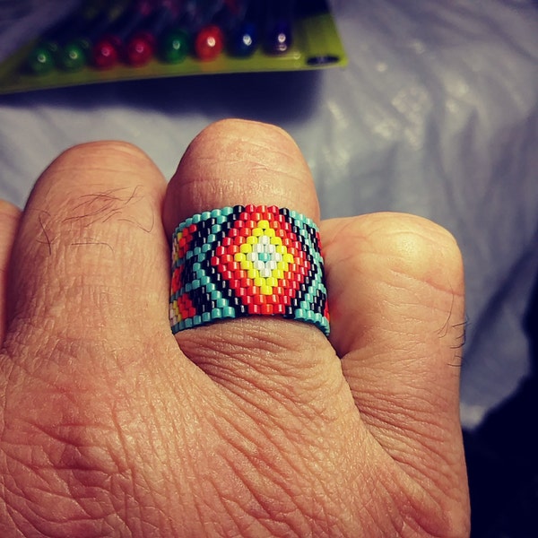 Turquoise Colorful Native Style Beaded Ring Peyote Wide Ring Ethnic ...
