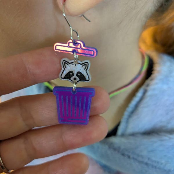 Funky Raccoon Trash Can Earrings: Laser Cut Acrylic Statement Jewelry ...
