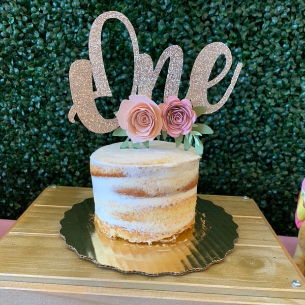 One Cake Topper, One Year Old Cake Topper, Floral Cake Topper, Glitter ...