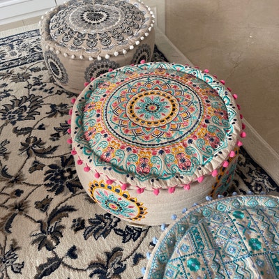 STUFFED Ottoman Pouf Indian Embroidery Handmade Pouf Footstool - Etsy