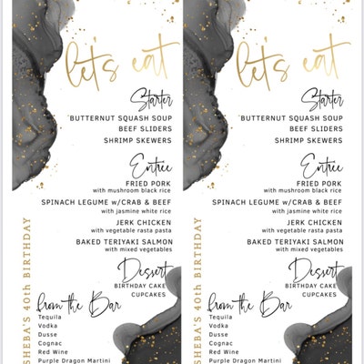 Mens Birthday Menu Card Editable Black and Gold Dinner Drinks ...