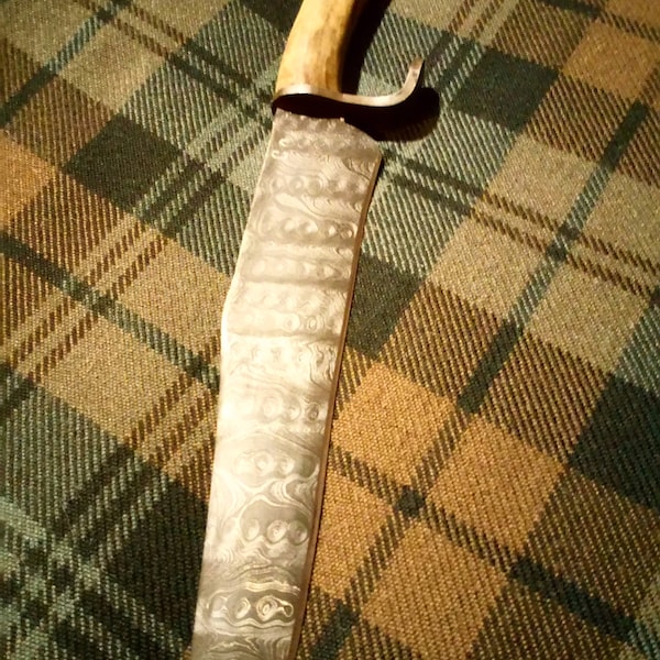 Item #24. Damascus Knife. Brass Guard. Shed Antler Handle. Fringed ...