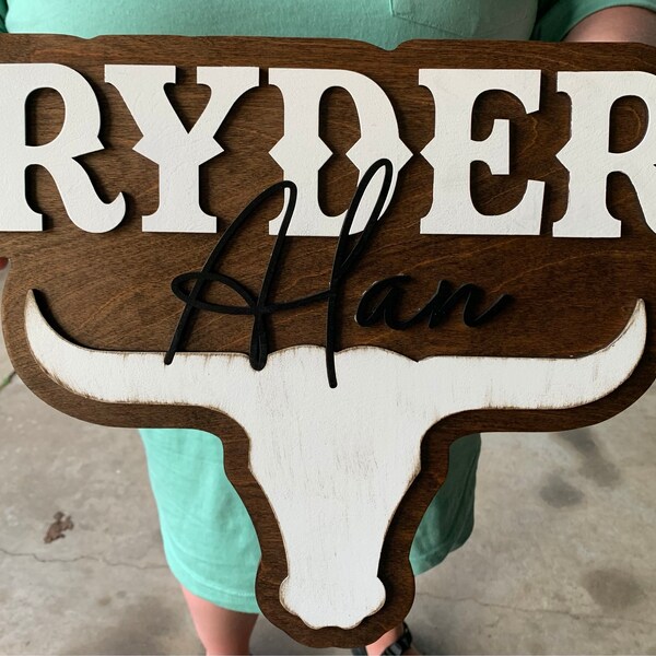 Bull Horns Baby Name Sign / Bull Boy Nursery Door Hanger / Wood ...
