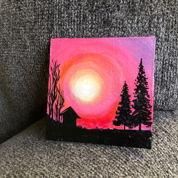 Mini Canvas Painting, Gift Aesthetic Sunset Small Canvas Orginal Art ...