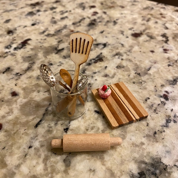 Miniature Kitchen Utensils in Glass Jar With Wooden Cutting Board~mini ...