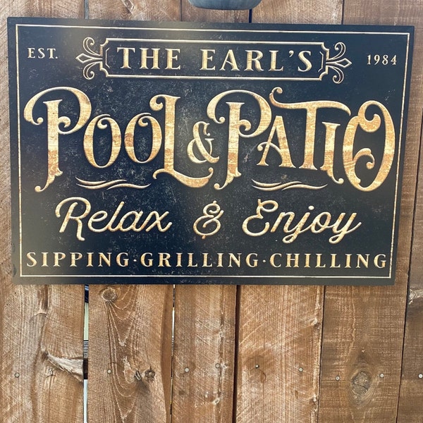 METAL SIGN! Personalized Pool & Patio Sign Backyard Bar and Grill Pool Deck Custom Family Last ...