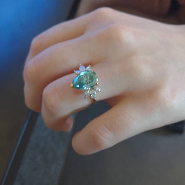 3.87 TW Pear Cyan Blue Moissanite Engagement Ring, Side Marquise Cut ...