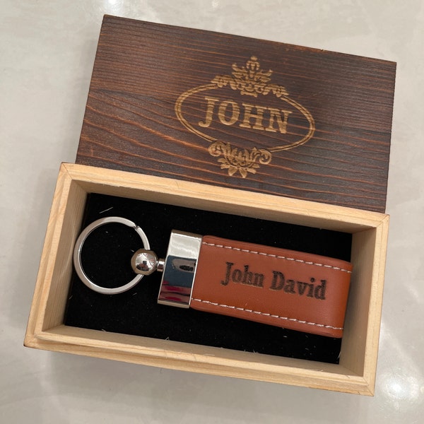Personalized Leather Engraved Key Chain Key Ring With Wood Box Handsome ...
