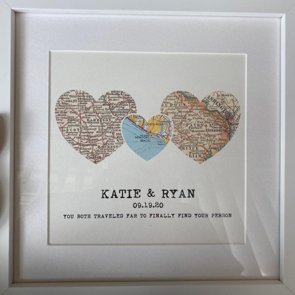 Personalized Three Heart Map Wedding, Engagement, or Anniversary Gift ...