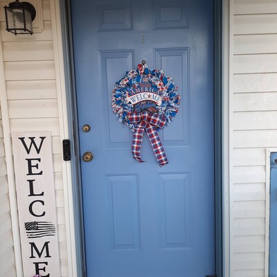 Blue & White Farmhouse Welcome Rag Wreath - Etsy