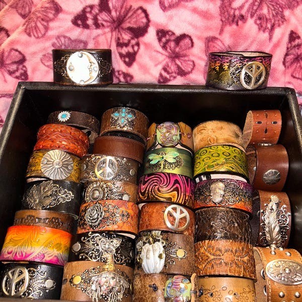 Brown Leather Cuff Bracelet With Green Rhinestones and Filigree ...