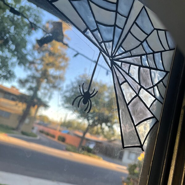 Spider Web Stained Glass Window Cling Halloween Decoration Hand Painted ...