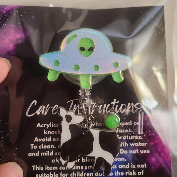 UFO Cow Abduction Badge Reel, Glow in the Dark, Alien Spaceship Badge ...