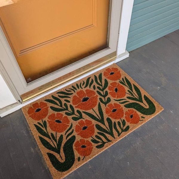 Retro Poppy Doormat, Boho Modern Gift for Home, Modern Botanical Floral ...