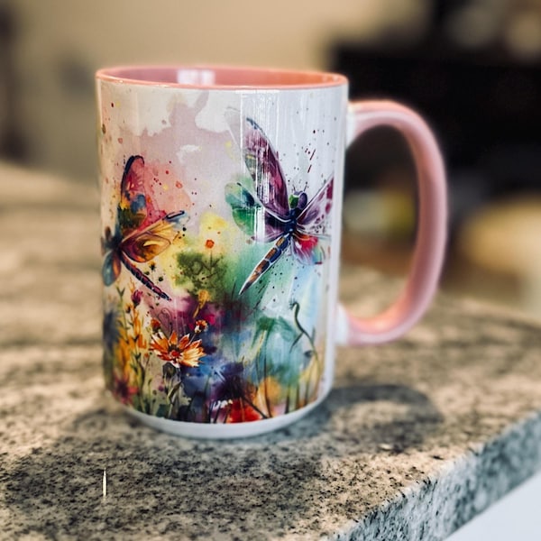 Dragonfly Watercolor Mug, Vintage Dragonfly Coffee Mug, Dragonfly Tea ...