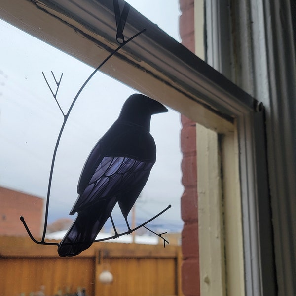 Stained Glass Raven on the Branch Crow Stained Glass Suncatcher Window ...
