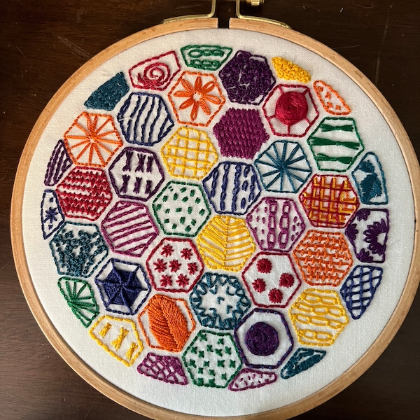 Hexagon Sampler, Hand Embroidery PDF Pattern, Embroidery Sampler, Learn ...