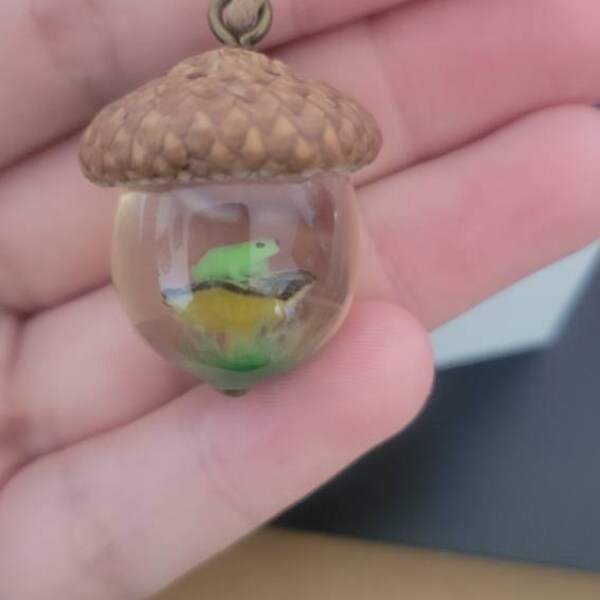 Acorn Necklace With Mushroom Frog, Resin Jewelry, Acorn Pendant, Wood ...