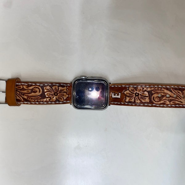 Custom Design Western Floral Tooled & Painted Leather Watch Band ...