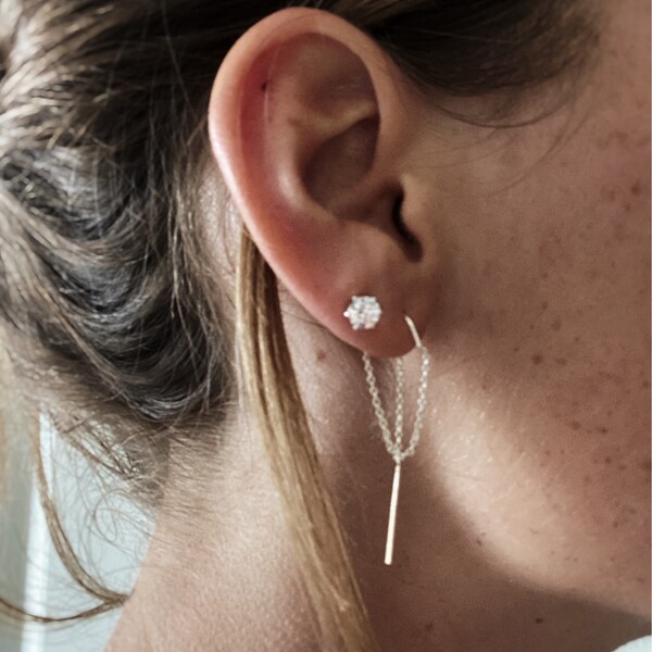 Double Piercing Earring Silver/gold Threader Earrings & Birthstone ...