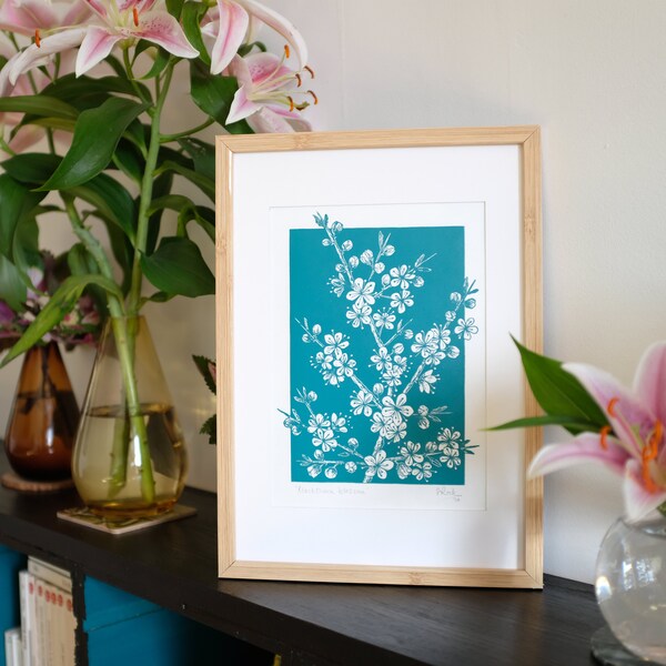 Blackthorn Blossom Linoprint, Hand-pulled Botanical Art on Hosho Paper ...